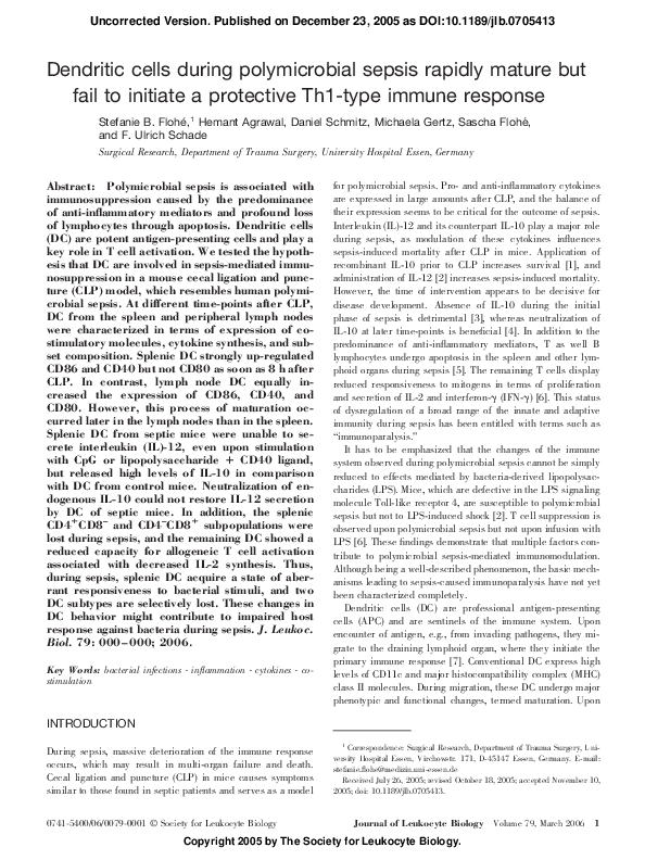 (PDF) Dendritic cells during polymicrobial sepsis rapidly mature but ...