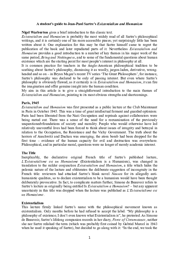 (DOC) A student's guide for Sartre's lecture existentialism is a humanism