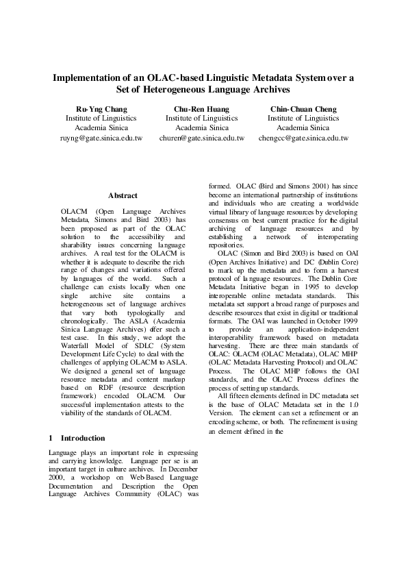 (PDF) Implementation of a n OLAC -based Linguistic Metadata System over ...
