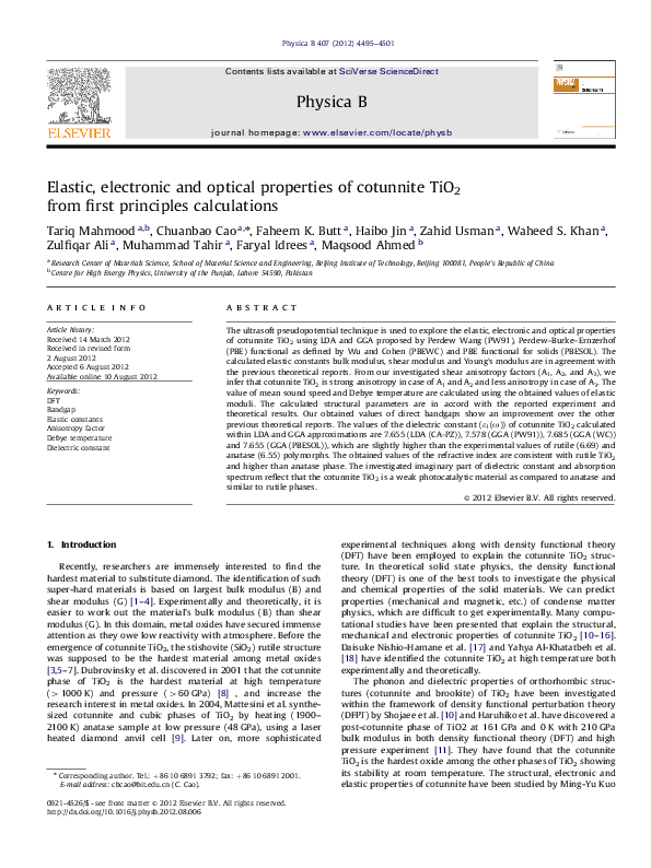 (PDF) Elastic, electronic and optical properties of cotunnite TiO2 from ...
