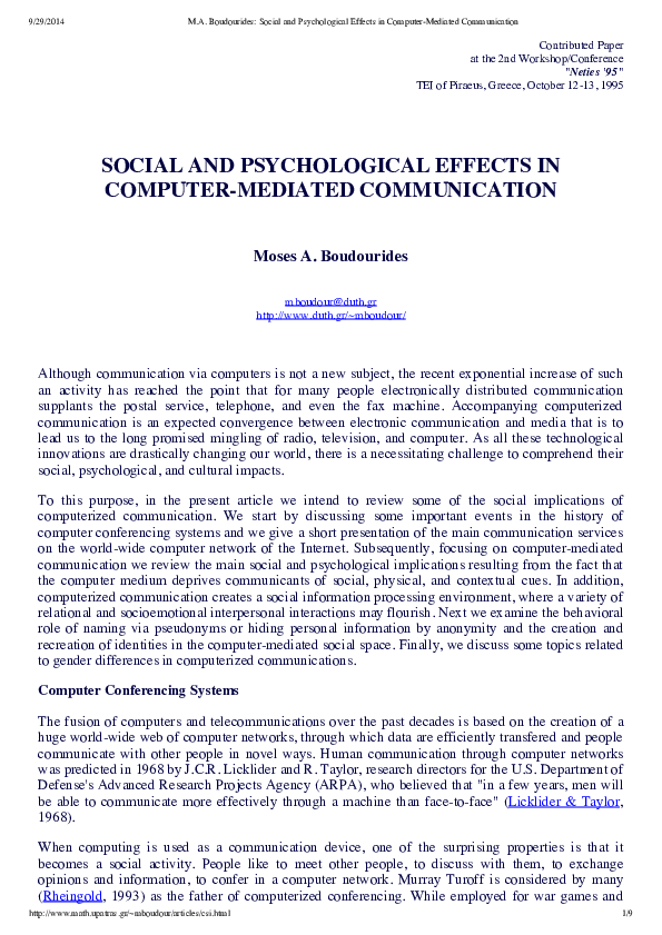 (PDF) Social and Psychological Effects in Computer-Mediated Communication