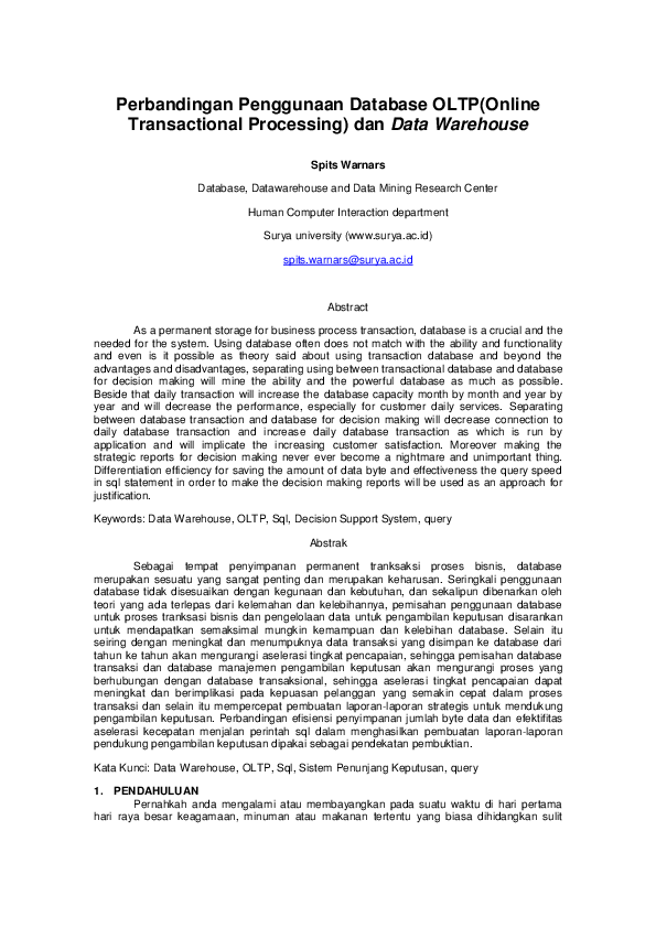 (PDF) Perbandingan Penggunaan Database OLTP dan Data Warehouse