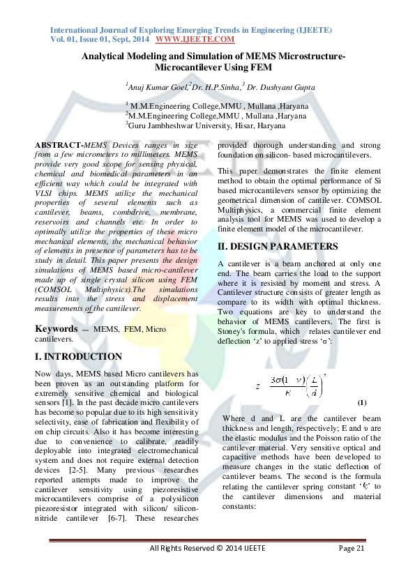 Pdf Analytical Modeling And Simulation Of Mems Microstructure Microcantilever Using Fem