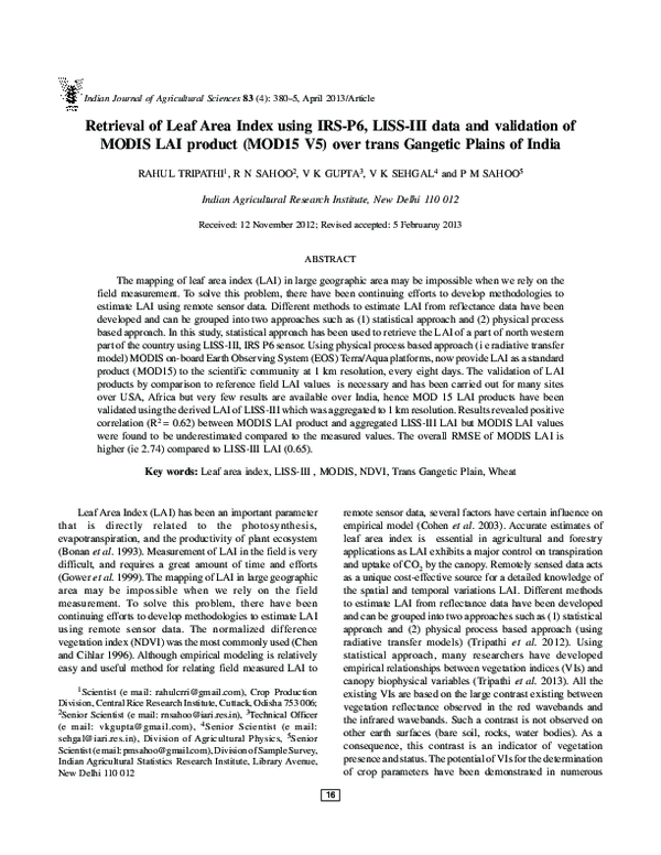 Pdf Retrieval Of Leaf Area Index Using Irs P6 Liss Iii Data And Validation Of Modis Lai