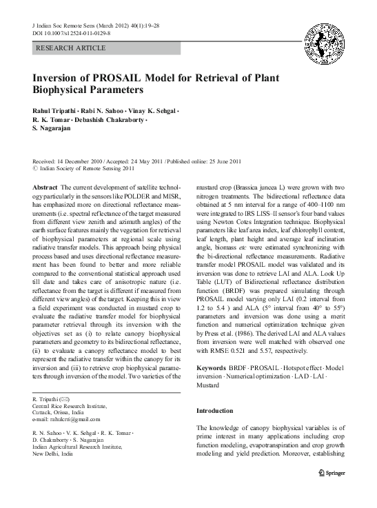 (PDF) Inversion of PROSAIL Model for Retrieval of Plant Biophysical ...