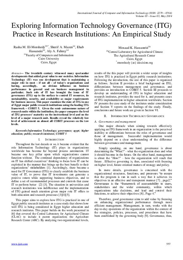 Pdf Exploring Information Technology Governance Itg Practice In Research Institutions An