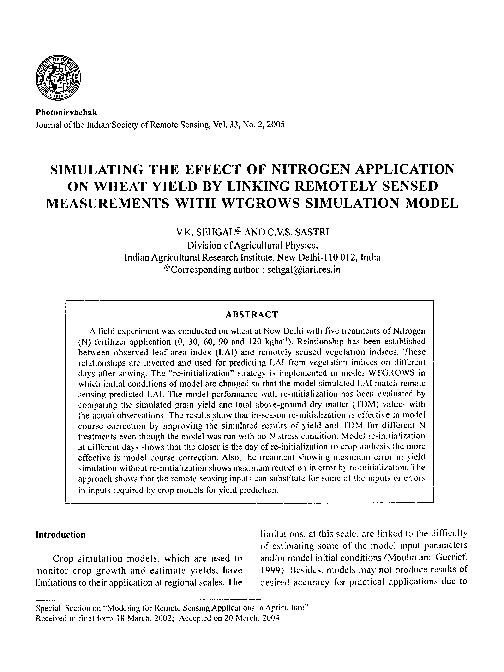 (PDF) SIMULATING THE EFFECT OF NITROGEN APPLICATION ON WHEAT YIELD BY LINKING REMOTELY SENSED ...