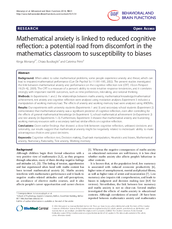 (PDF) Mathematical anxiety is linked to reduced cognitive reflection: A ...