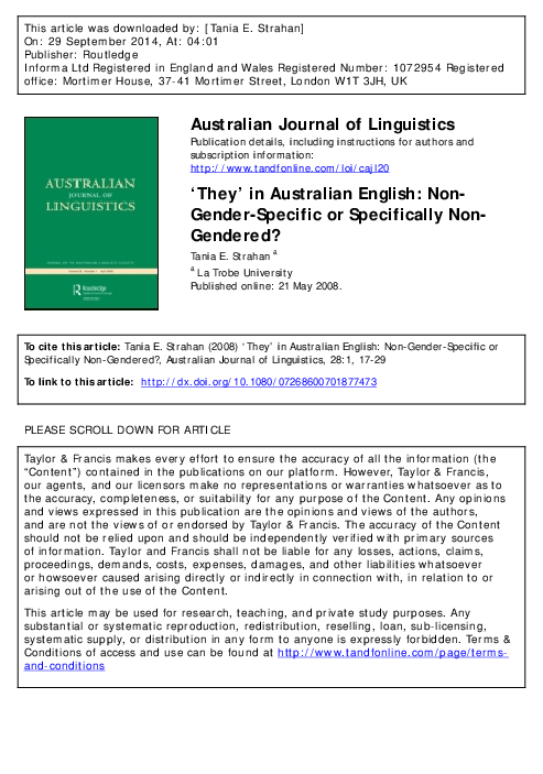 (PDF) They’ in Australian English: Non-Gender-Specific or Specifically ...