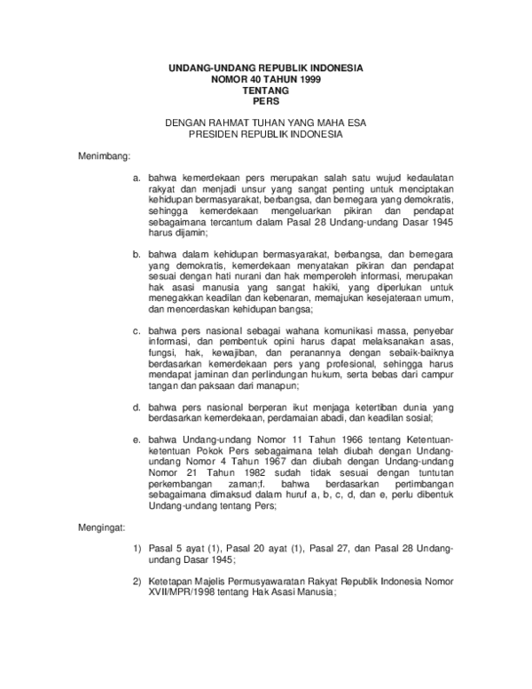(PDF) UU No. 40 Tahun 1999 tentang Pers