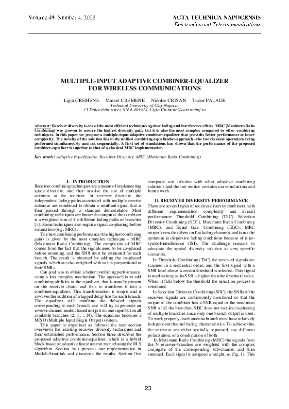 Pdf Multiple Input Adaptive Combiner Equalizer For Wireless Communications
