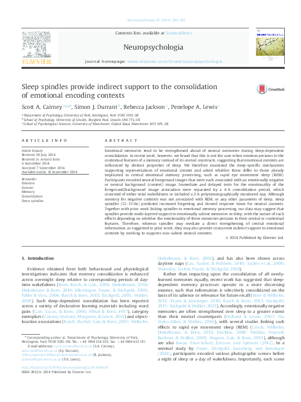 (PDF) Sleep spindles provide indirect support to the consolidation of ...