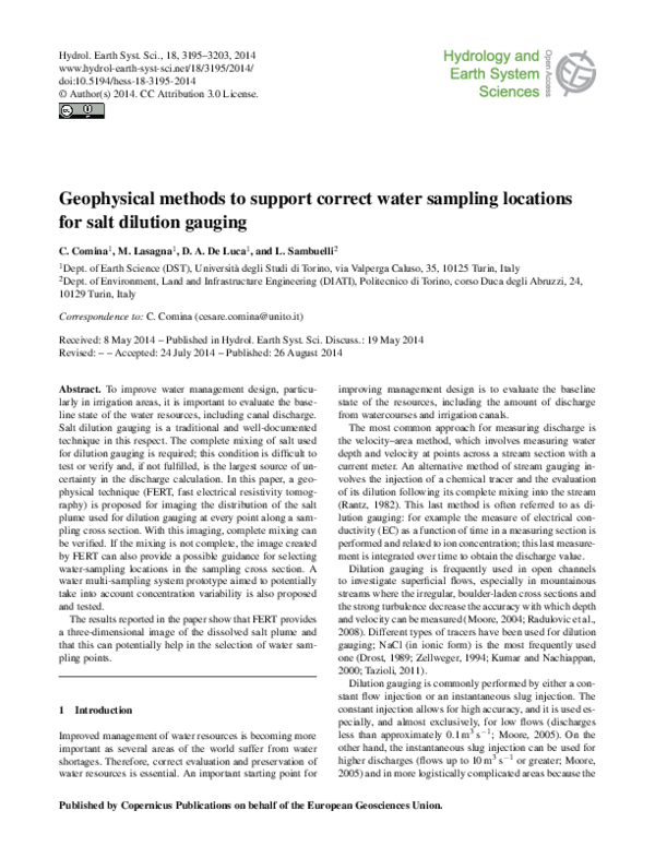 (PDF) Geophysical methods to support correct water sampling locations for salt dilution gauging