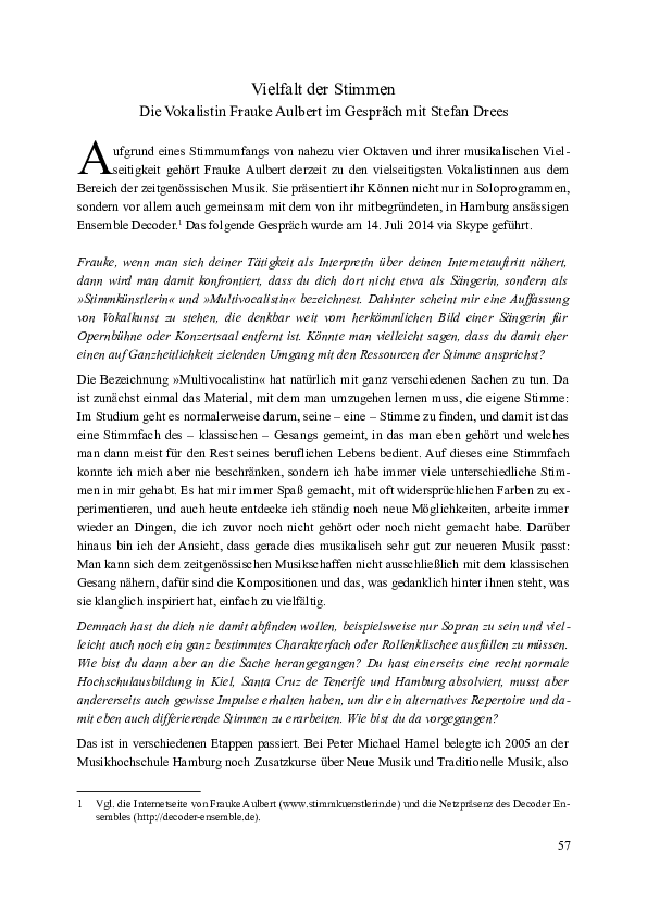 Vielfalt der Stimmen. Die Vokalistin Frauke Aulbert im Gespräch mit ...