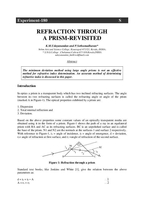 (PDF) REFRACTION THROUGH A PRISM-REVISITED