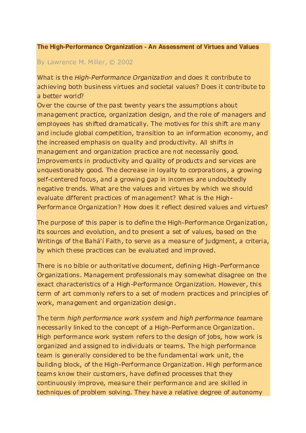(DOC) The High-Performance Organization -An Assessment of Virtues and ...