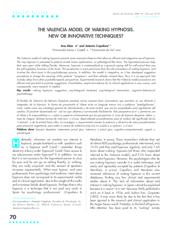 (PDF) THE VALENCIA MODEL OF WAKING HYPNOSIS. NEW OR INNOVATIVE TECHNIQUES