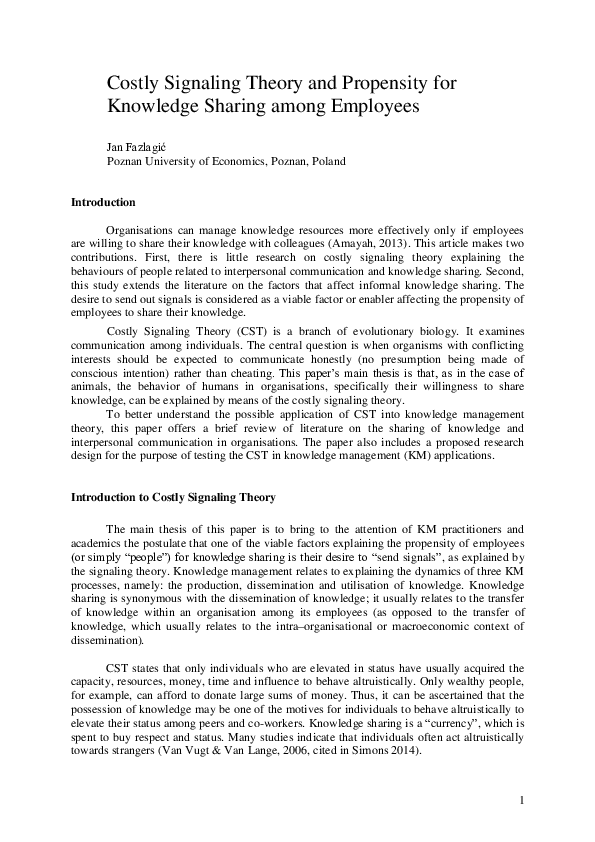 Costly Signaling Theory and Propensity for Knowledge Sharing among ...
