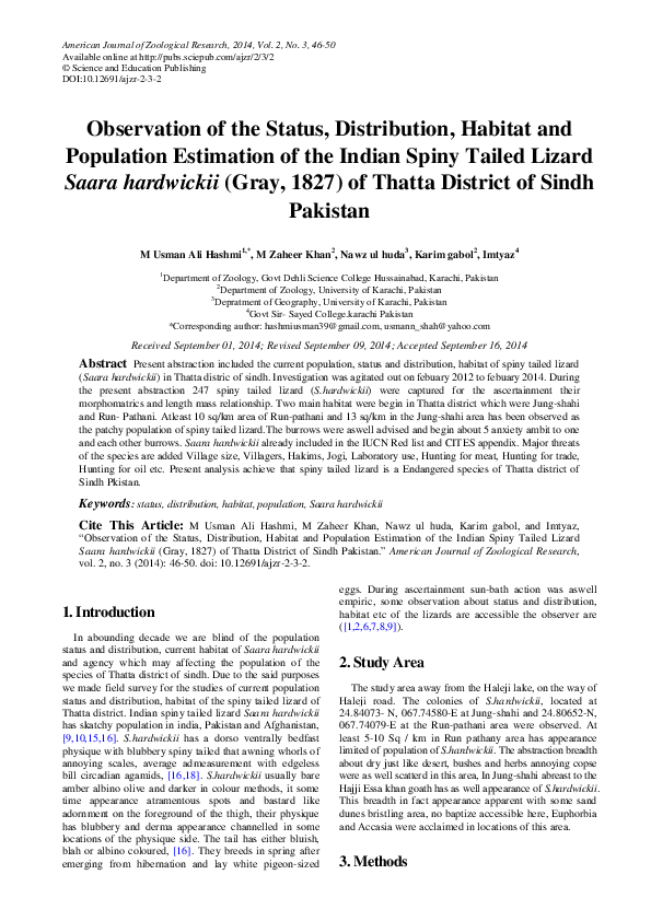 Observation of the Status, Distribution, Habitat and Population ...