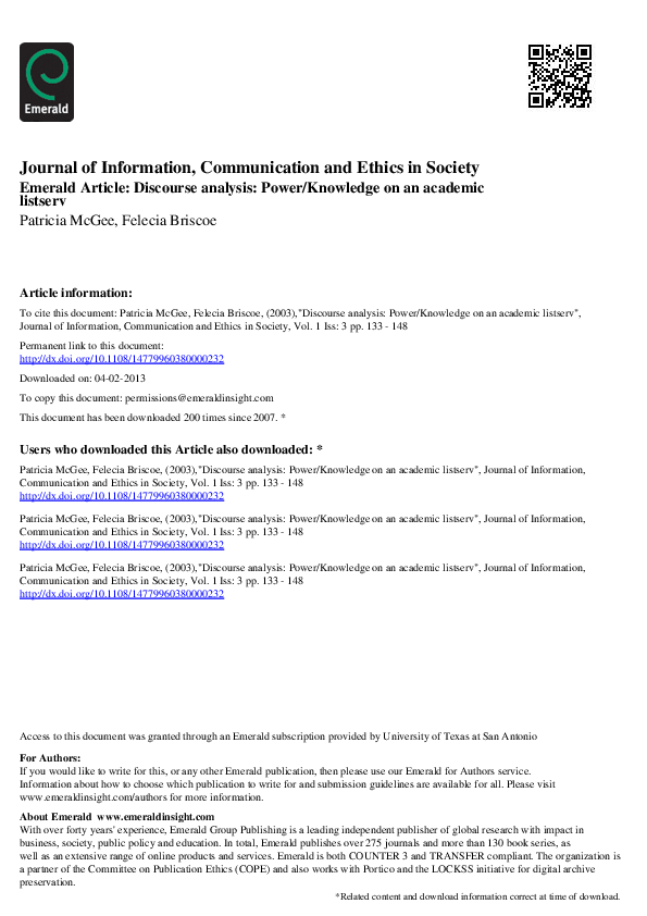 (PDF) Discourse analysis: power/knowledge on an academic listserv