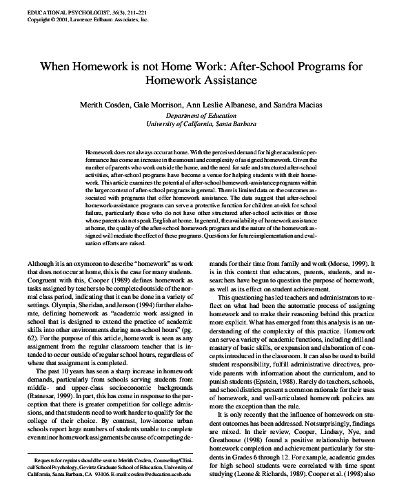 (PDF) When Homework is not Home Work: After-School Programs for ...