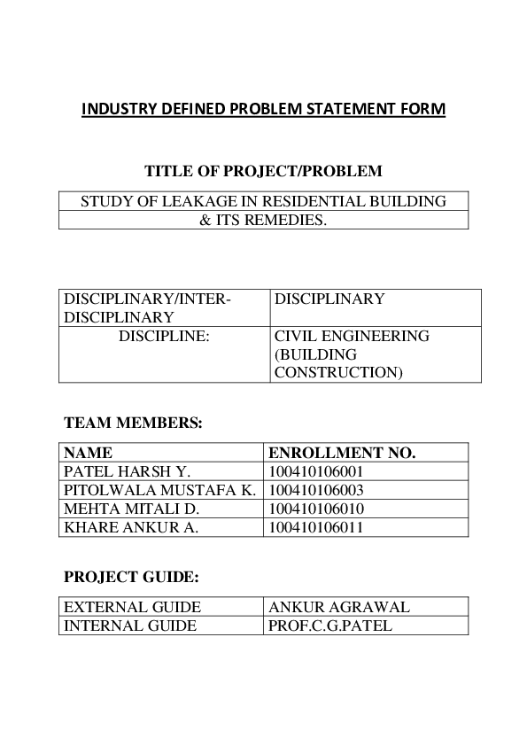 (DOC) INDUSTRY DEFINED PROBLEM STATEMENT FORM TITLE OF PROJECT/PROBLEM STUDY OF LEAKAGE IN ...