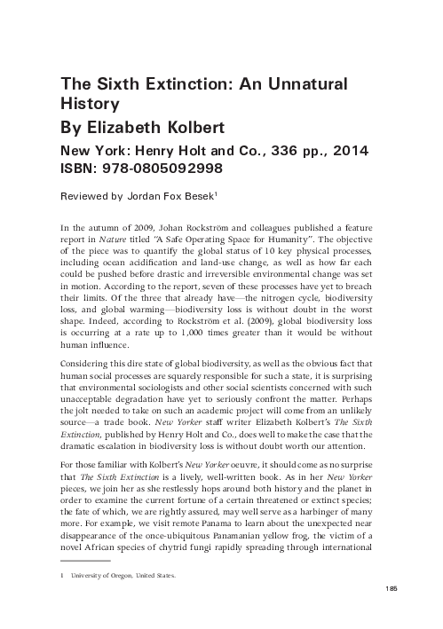 (PDF) Book Review - Elizabeth Kolbert's "The Sixth Extinction". Human ...