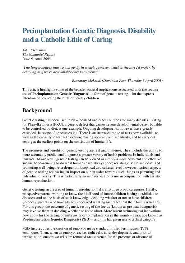 (DOC) Preimplantation Genetic Diagnosis, Disability and a Catholic ...