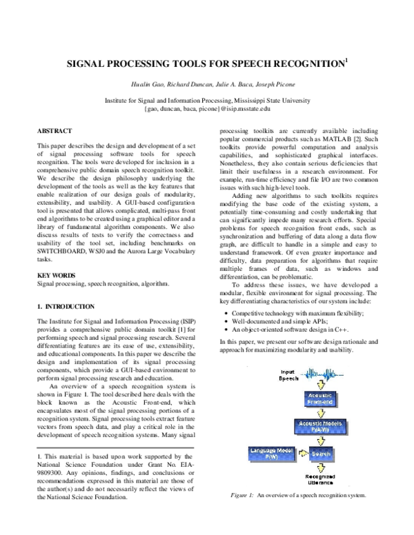 (PDF) SIGNAL PROCESSING TOOLS FOR SPEECH RECOGNITION1