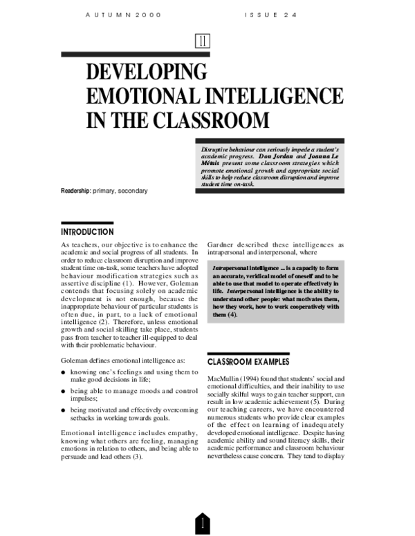 (PDF) DEVELOPING EMOTIONAL INTELLIGENCE IN THE CLASSROOM