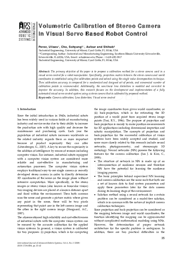 Pdf Volumetric Calibration Of Stereo Camera In Visual Servo Based Robot Control Aung Win