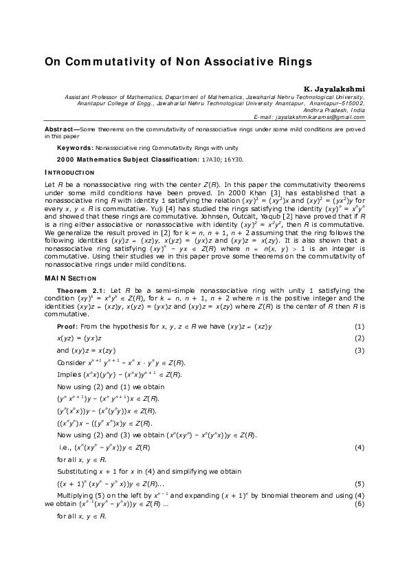 (PDF) On Commutativity of Non Associative Rings
