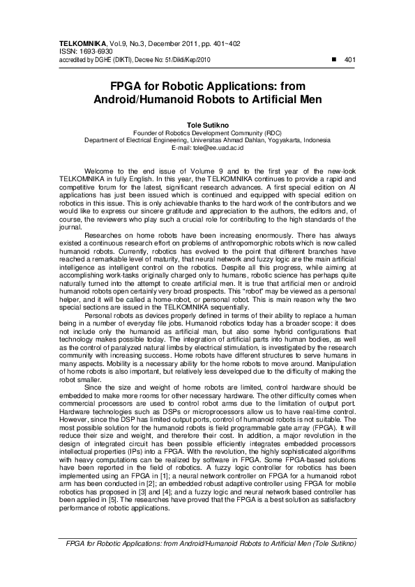 Pdf Fpga For Robotic Applications From Androidhumanoid Robots To Artificial Men