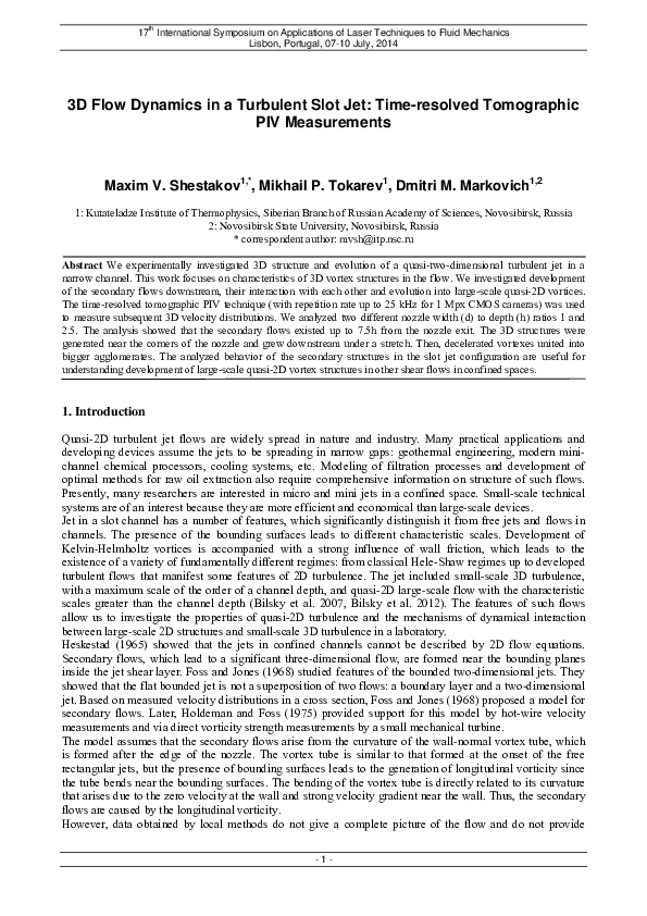 (PDF) 3D Flow Dynamics in a Turbulent Slot Jet: Time-resolved Tomographic PIV Measurements