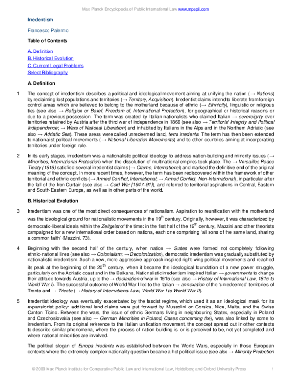 (PDF) Irredentism in "Max Planck Encyclopedia of Public International Law"