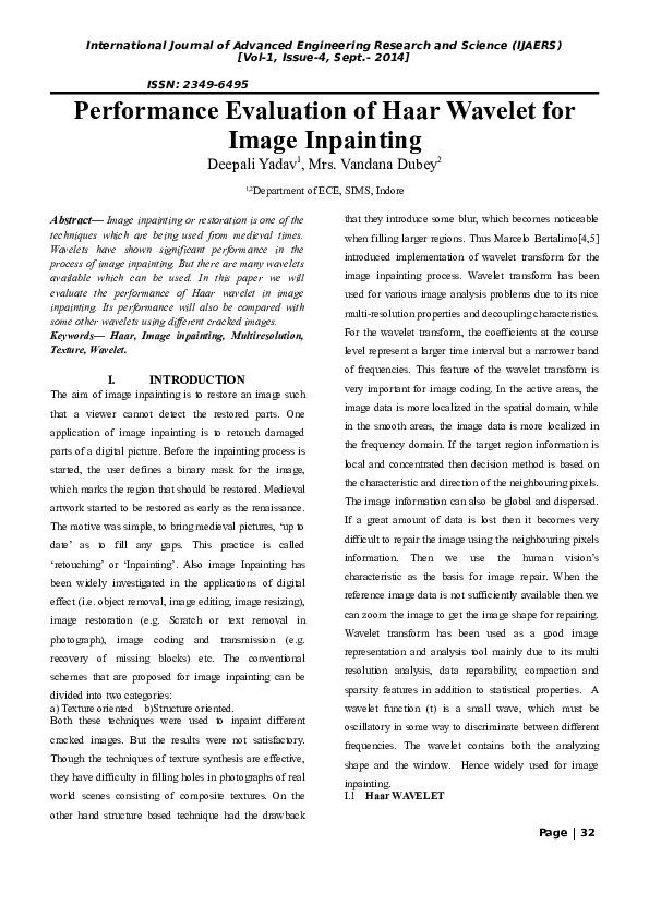 (DOC) Performance Evaluation of Haar Wavelet for Image Inpainting