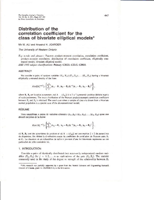 (PDF) Distribution of the Correlation Coefficient for the Class of Bivariate Elliptical Models
