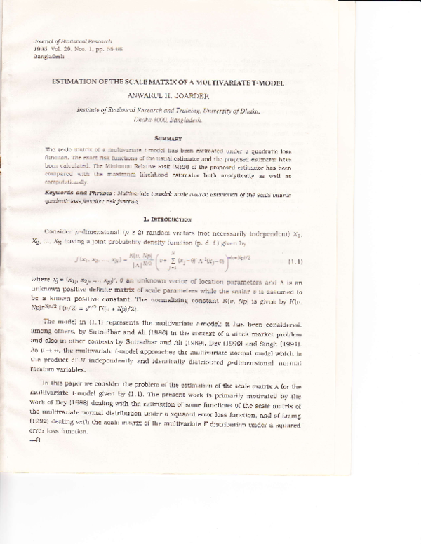 Pdf Estimation Of The Scale Matrix Of A Multivariate T Model
