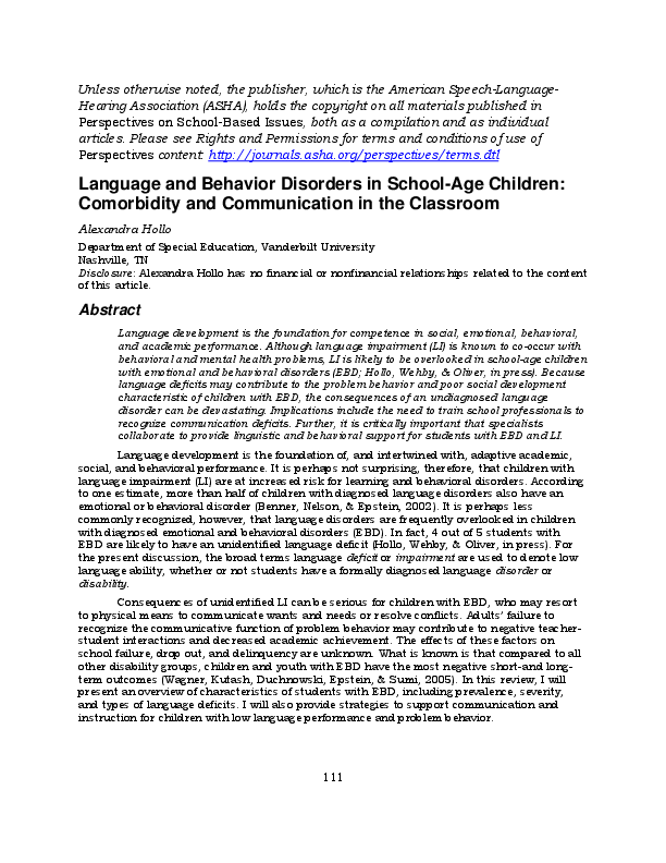 (PDF) Language and Behavior Disorders in School-Age Children ...