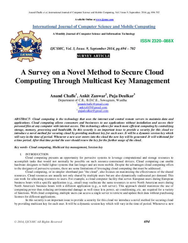 Pdf A Survey On A Novel Method To Secure Cloud Computing Through Multicast Key Management