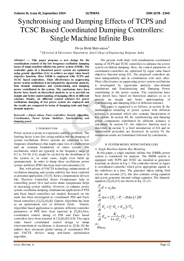 Pdf Synchronising And Damping Effects Of Tcps And Tcsc Based Coordinated Damping Controllers