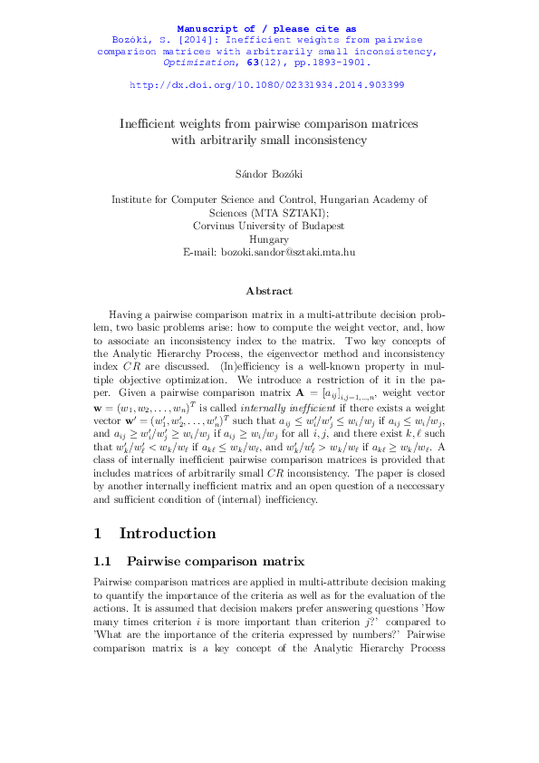 Pdf Inefficient Weights From Pairwise Comparison Matrices With Arbitrarily Small Inconsistency