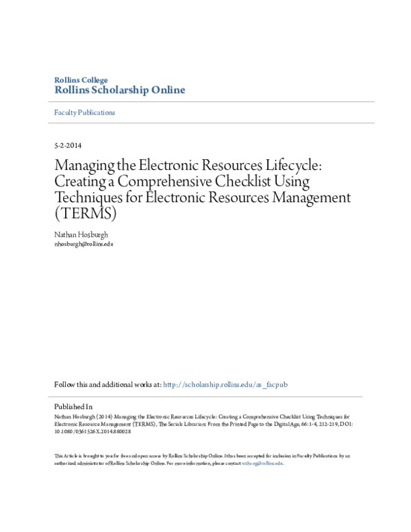 (PDF) Managing the Electronic Resources Lifecycle: Creating a ...