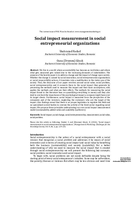 (PDF) Social impact measurement in social entrepreneurial organizsations