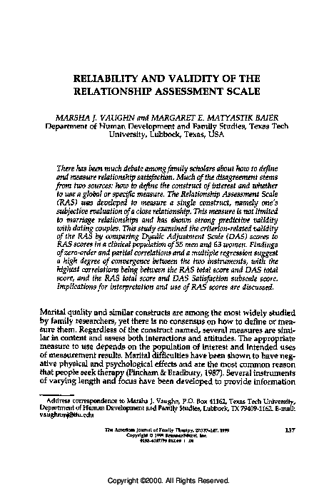 (PDF) Reliability and validity of the Relationship Assessment Scale