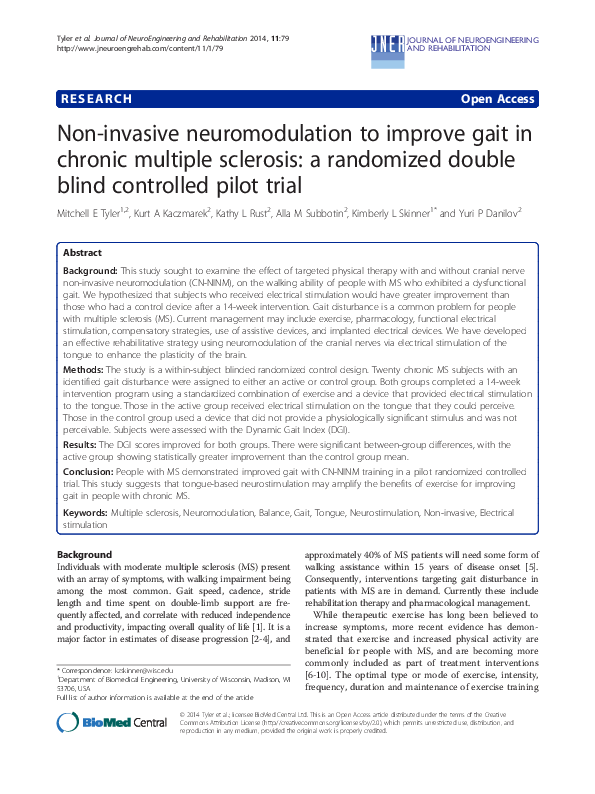(PDF) Non-invasive neuromodulation to improve gait in chronic multiple sclerosis: a randomized ...