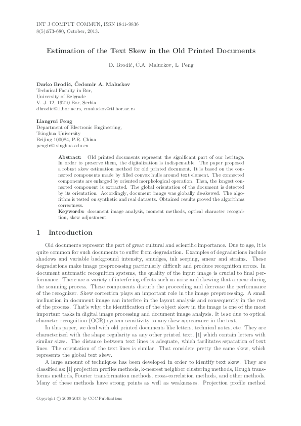 Pdf Estimation Of The Text Skew In The Old Printed Documents