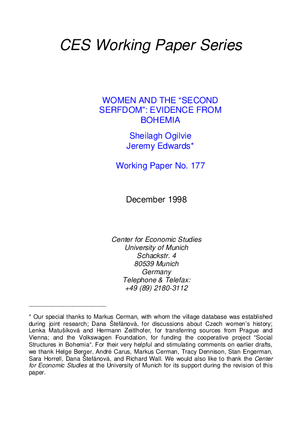 (PDF) Women and the "Second Serfdom": Evidence from Bohemia, 1381-1722 ...