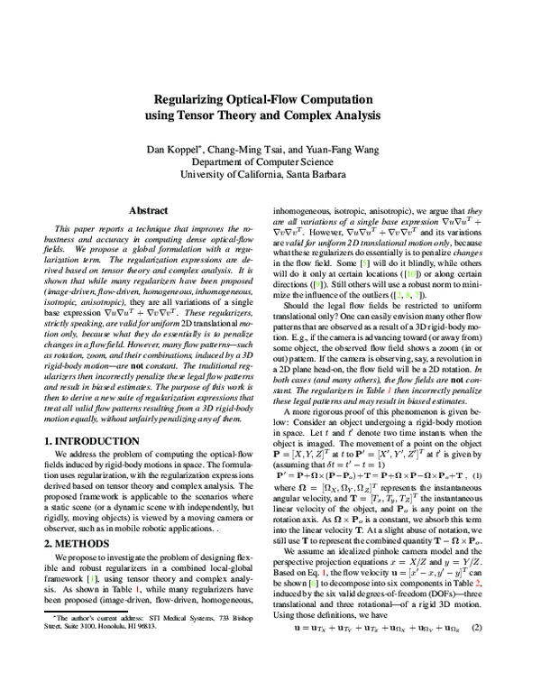 (PDF) Regularizing optical-flow computation using tensor theory and complex analysis