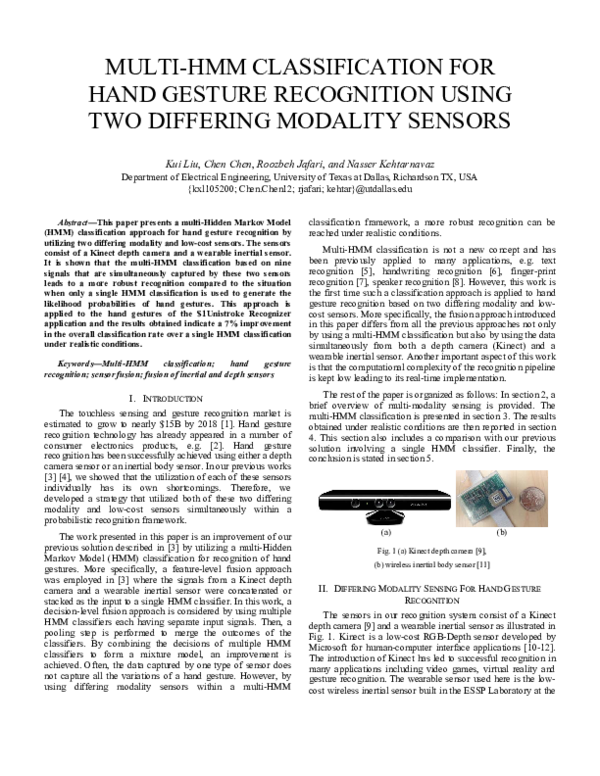 (PDF) Multi-HMM classification for hand gesture recognition using two differing modality sensors